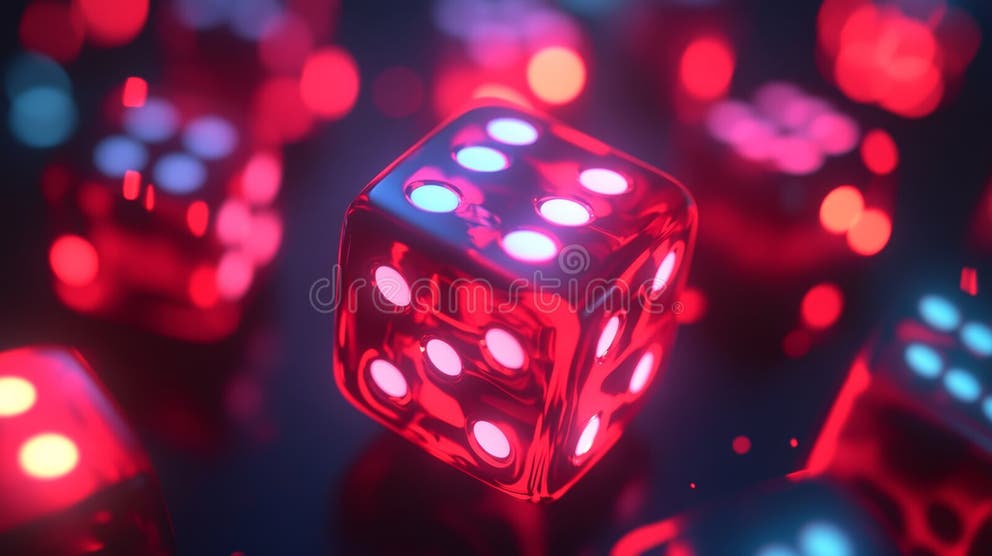 Glowing Red Dice on a Reflective Surface Creating a Vibrant Atmosphere ...