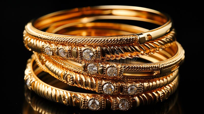A Collection of Gold Bangles and Bracelets with Diamonds on Black ...