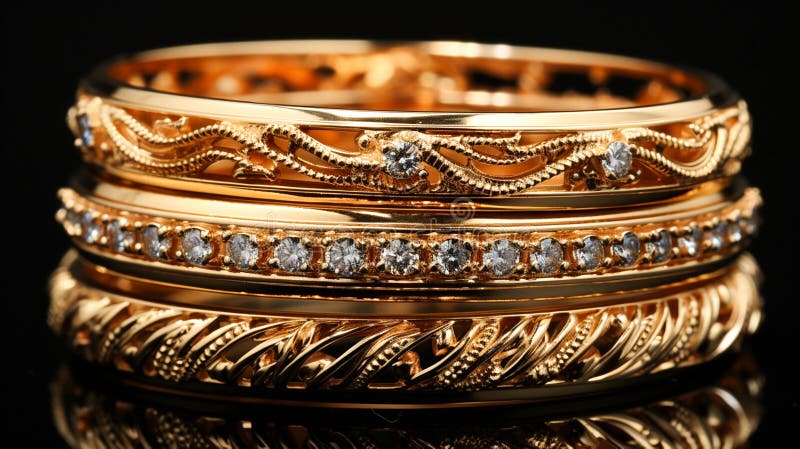 A Collection of Gold Bangles and Bracelets with Diamonds on Black ...