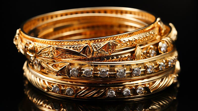 A Collection of Gold Bangles and Bracelets with Diamonds on Black ...