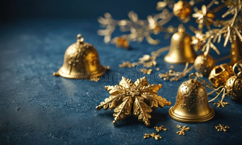 A Collection of Gold Bells and Christmas Decorations are Displayed on a ...