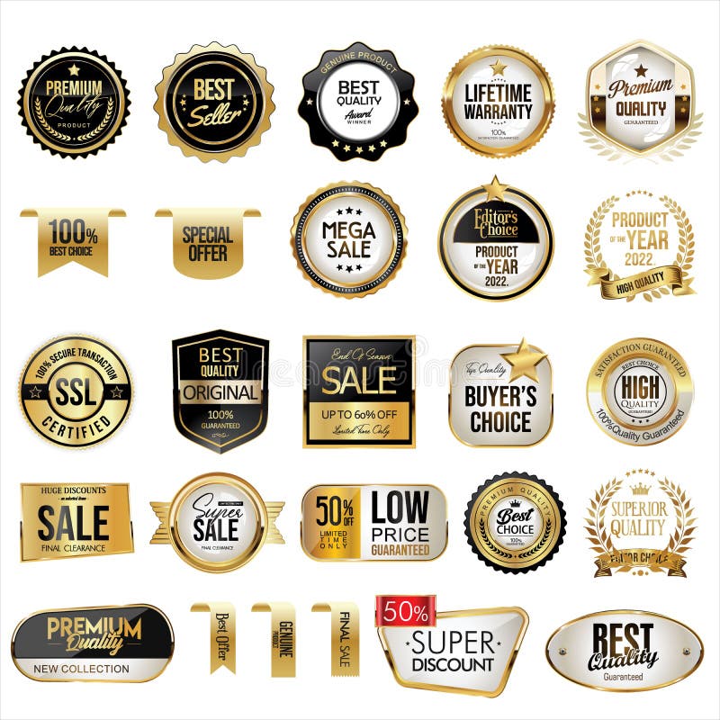 Collection of Gold and Black Price Badges Labels and Ribbons Stock ...