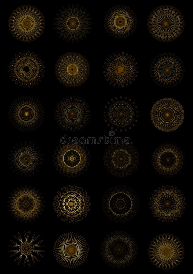 Gold Round Calligraphy Ornaments and Border on Black Background Stock ...