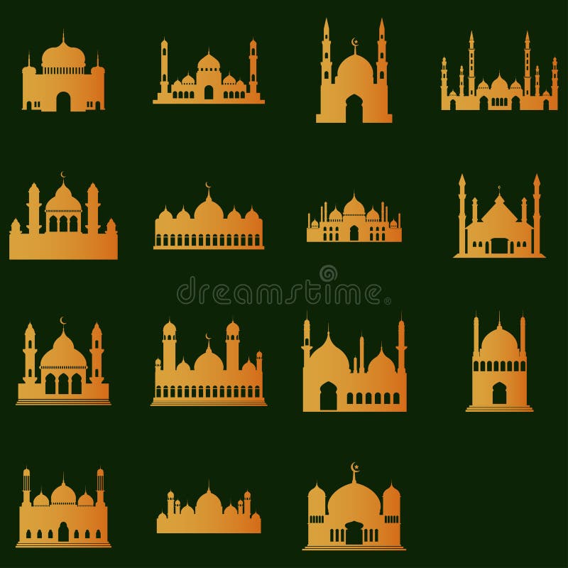 Golden Mosque Silhouettes on a Dark Green Background Stock Illustration ...