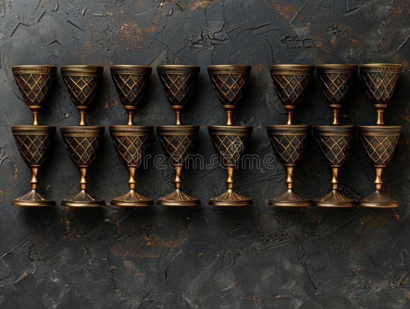 Collection of Gold Goblets Stands in a Row Against a Textured Wall ...