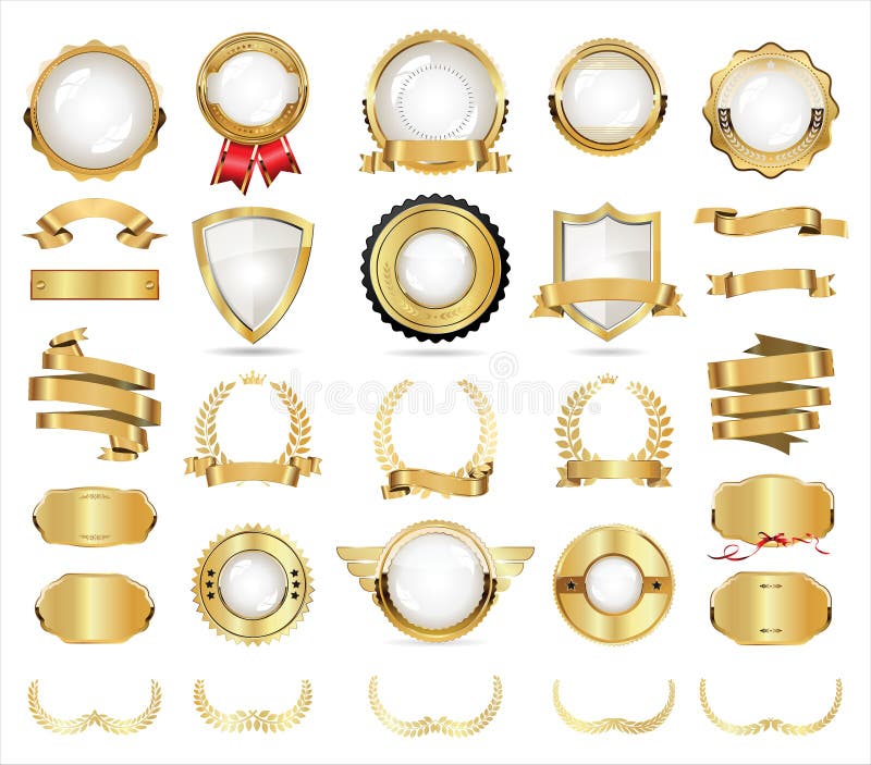 Collection of Gold Laurel Wreath Badges and Labels Vector Illustration ...