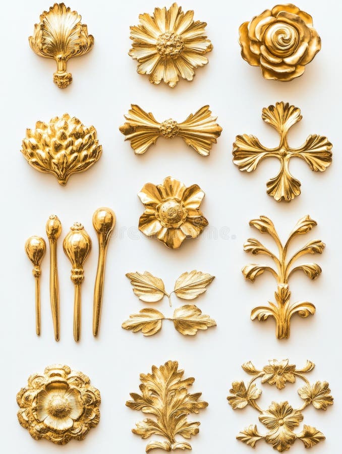 Collection of Gold Leaf Shaped Items, Including Flowers and Leaves ...