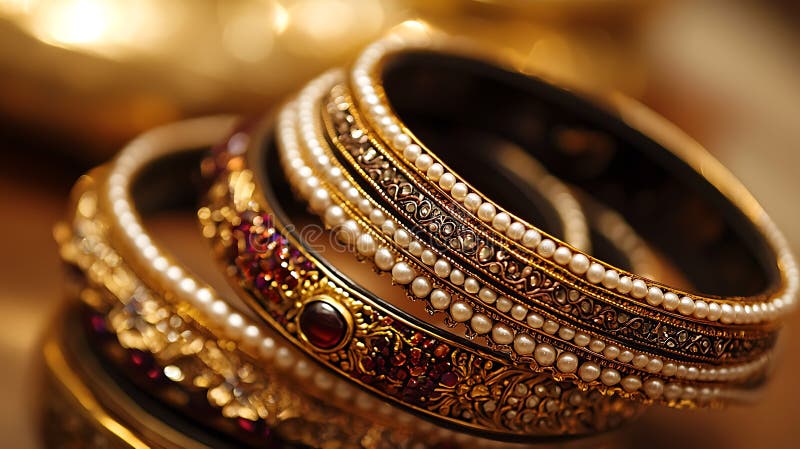 A Collection of Gold and Pearl Bracelets are Displayed on a Table Stock ...