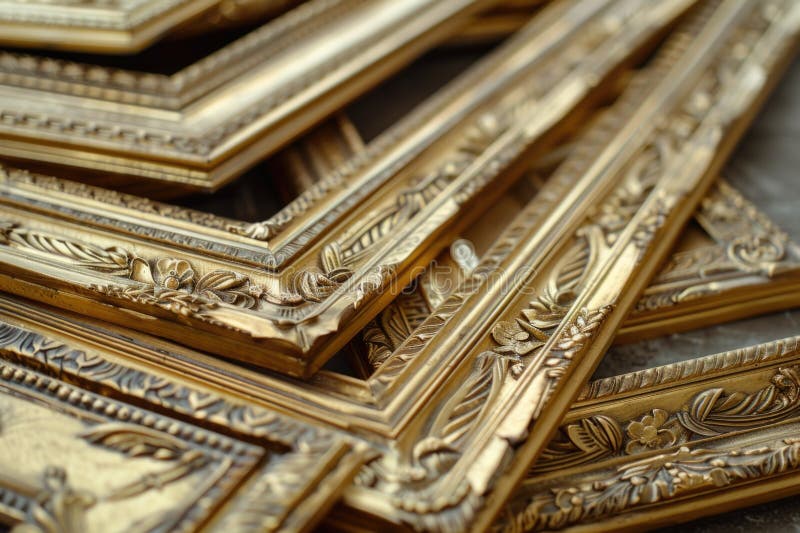A Collection of Gold Picture Frames Stacked on a Table, Ideal for ...