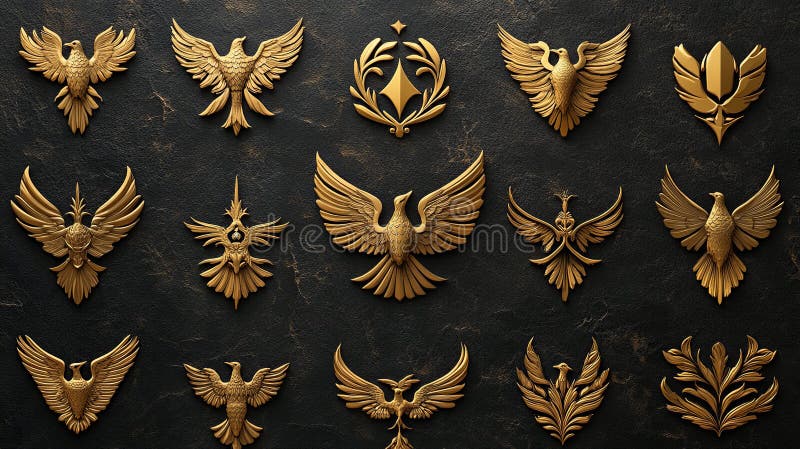 Collection of Golden Eagle and Phoenix Heraldic Emblems on Dark ...