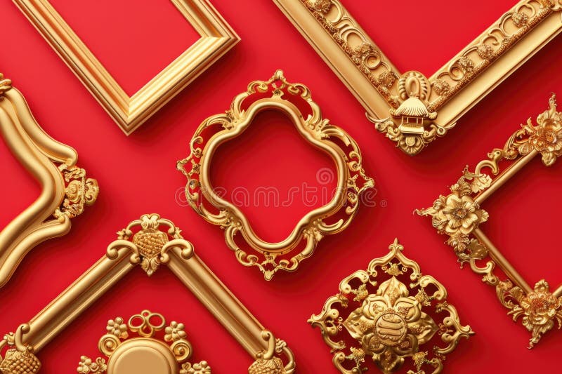 Collection of Golden Frames Hanging on Vibrant Red Wall. Ideal for ...