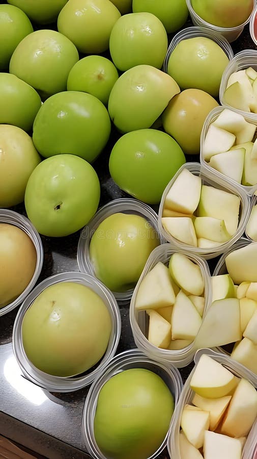 A Collection of Green Apples and Chopped Apple Pieces in Containers for ...