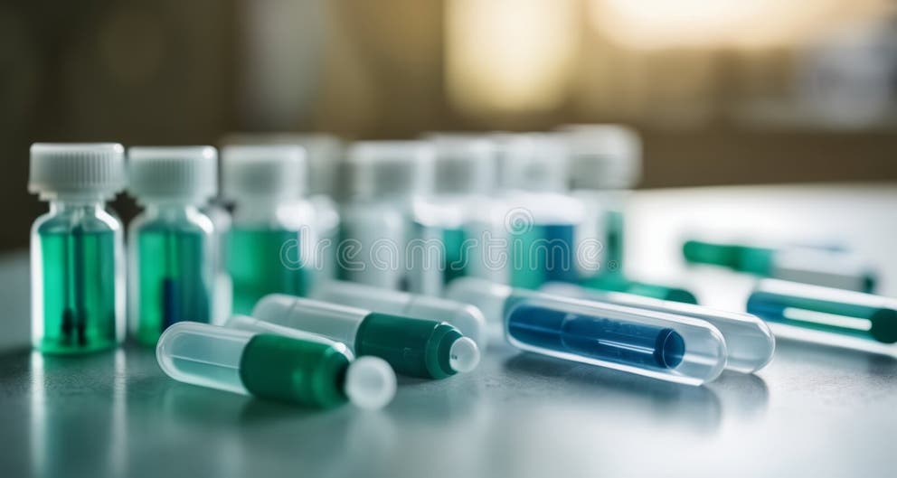 A Collection of Green and Blue Glass Vials on a Reflective Surface ...