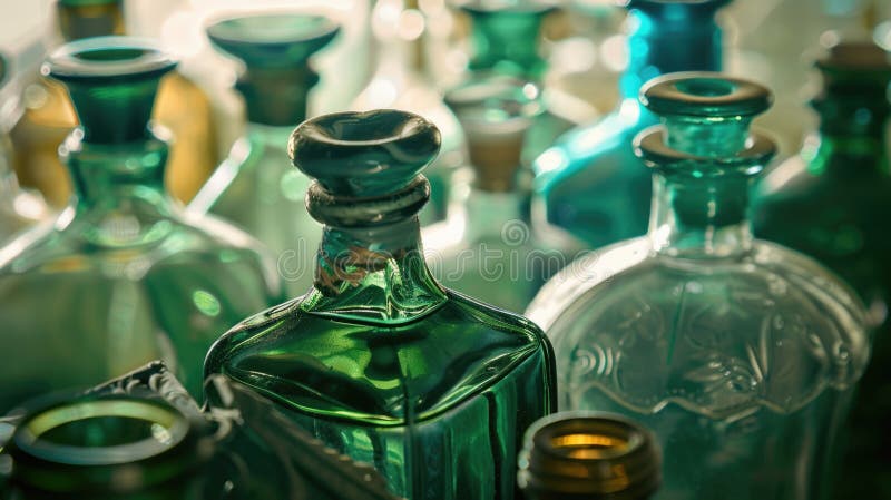 A Collection of Green Bottles with a Green Bottle in the Middle Stock ...