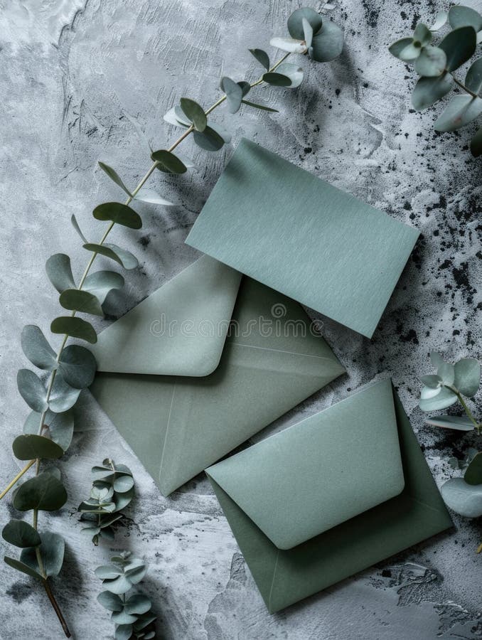 A Collection of Green Envelopes Stacked on a Table, Ready for Use Stock ...