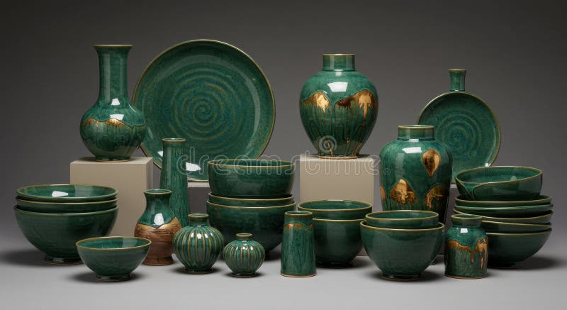 Collection of Green and Gold Ceramic Pottery Stock Illustration ...