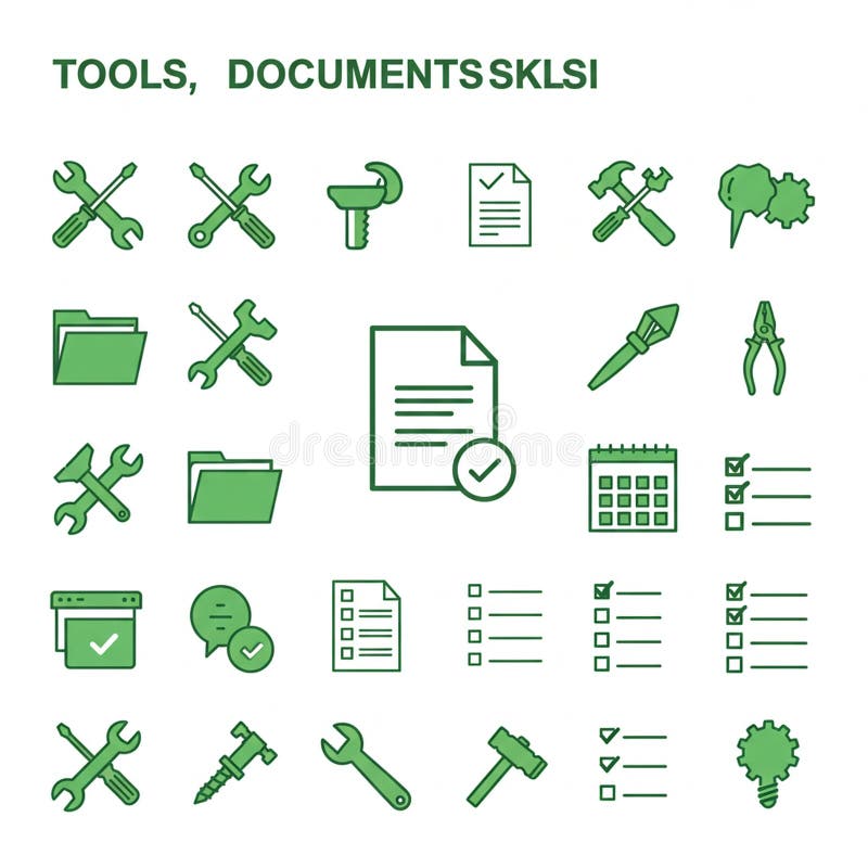 A Collection of Green Icons Representing Tools, Documents, and Task ...