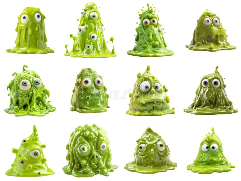 A Collection of Green Slimy Cartoon Monsters with Various Expressions ...