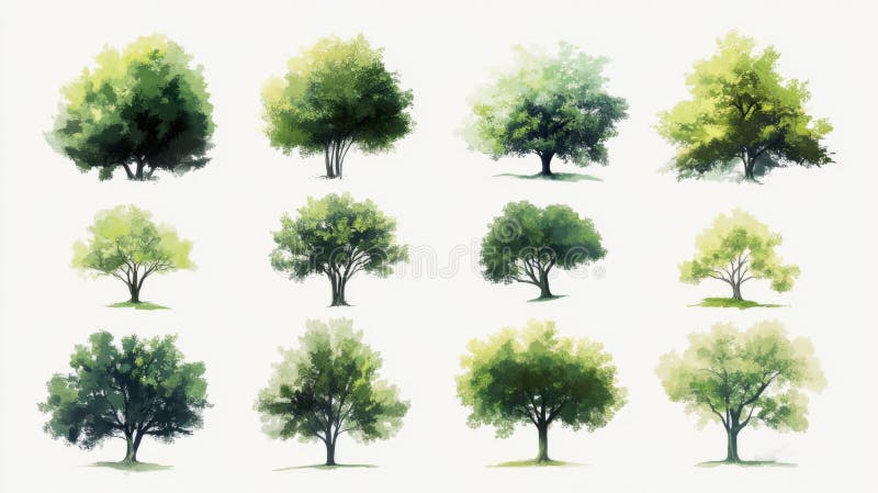Collection of Green Trees Digital Painting Illustration Stock ...