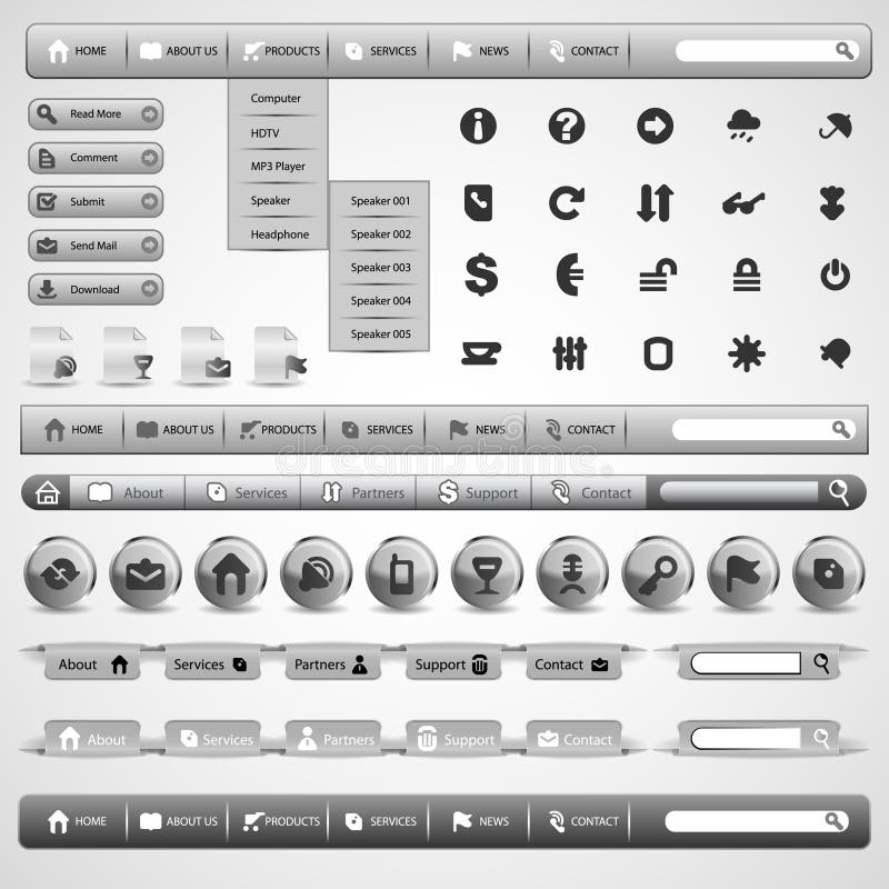 Collection of Grey Modern Styled Website Design Elements Stock Vector ...