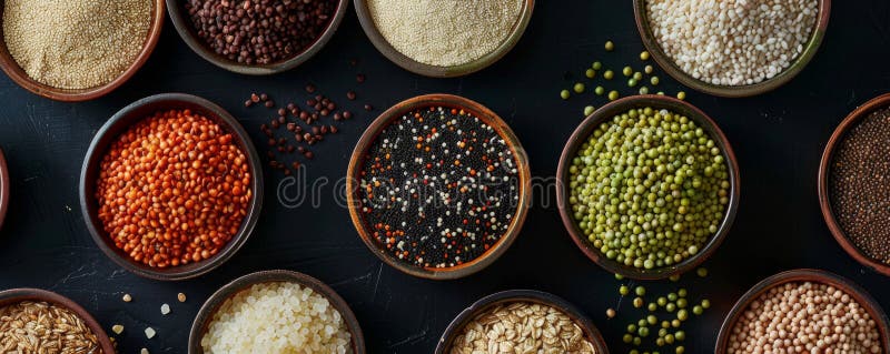 A Collection of Groats in Small Bowls on a Dark Background, Emphasizing ...