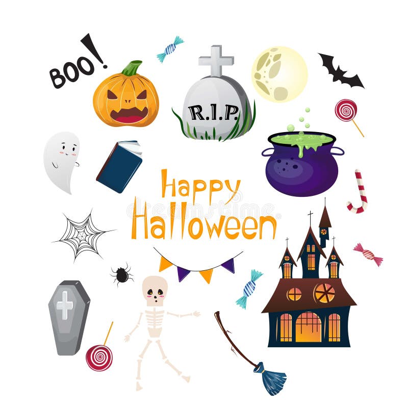Collection with Halloween Items in Flat Cartoon Illustration. Stock ...