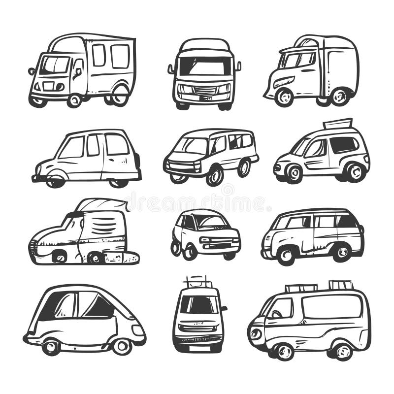Collection of Hand-Drawn Vehicles: Vans, Cars, and Trucks Stock Image ...