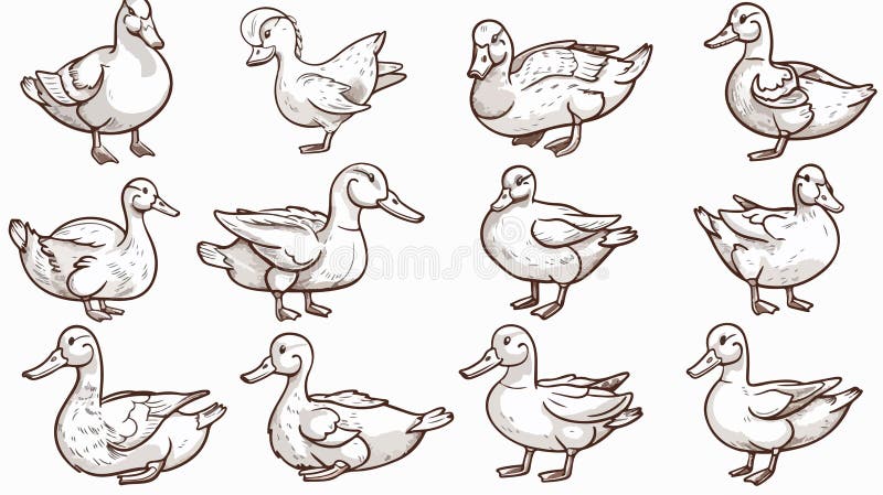 Collection of Hand-Drawn Cartoon Ducks in Various Poses for Creative ...