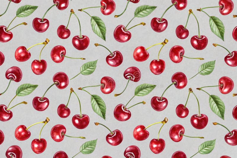 Juicy Cherry Seamless Pattern on Gray Background Stock Illustration ...