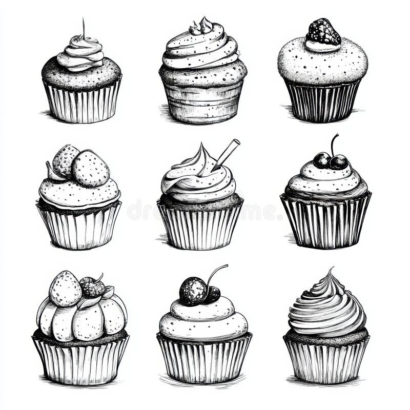 Collection of Hand-drawn Cupcakes in Various Styles and Toppings Stock ...