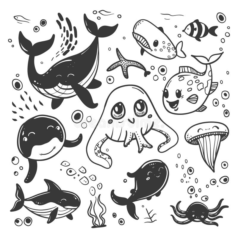 Adorable Cartoon Ocean Animals: Whales, Fish, Octopus and More Stock ...