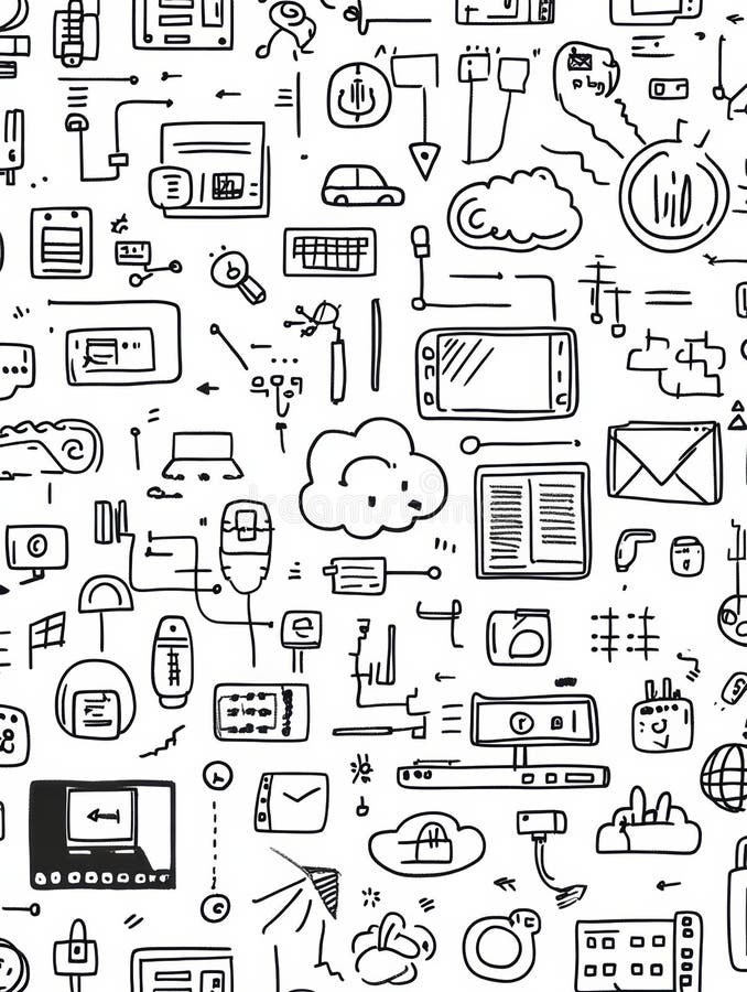 A Collection of Hand-drawn Doodles Features Technology Items, Including ...