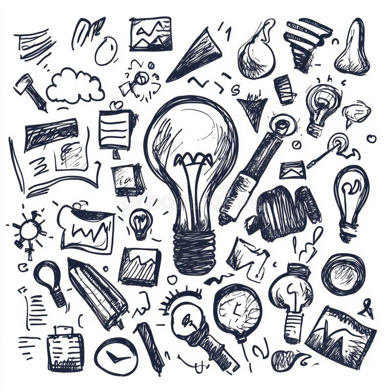 Collection of Hand-drawn Doodles Featuring Light Bulbs and Charts Stock ...