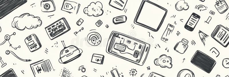A Collection of Hand-drawn Doodles Featuring Various Technology Items ...