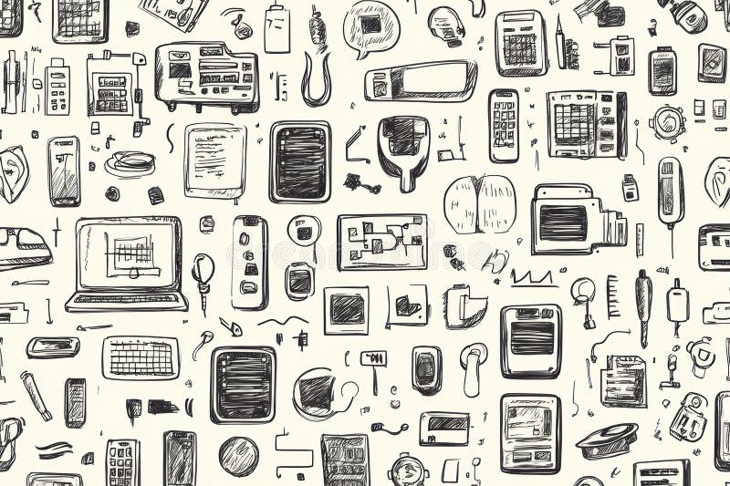A Collection of Hand-drawn Doodles Illustrating Technology Items Like ...