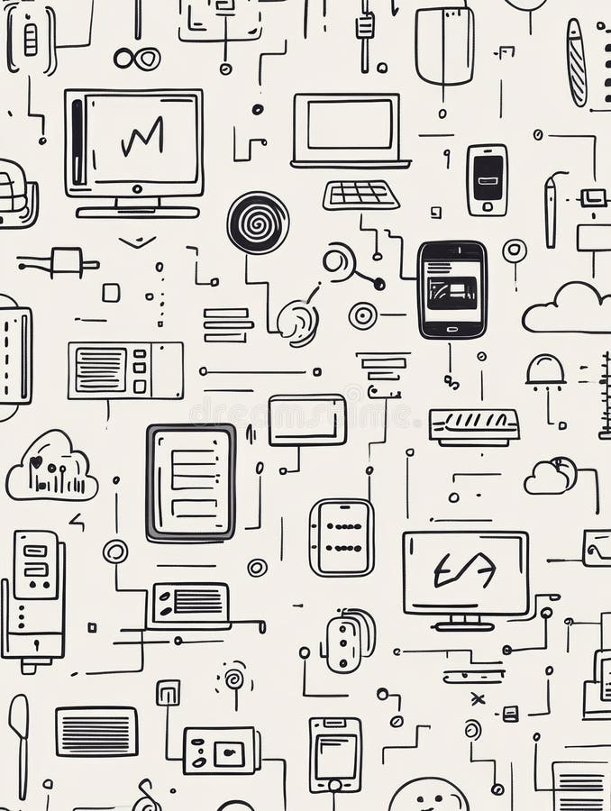 A Collection of Hand-drawn Doodles Illustrating Various Technology ...