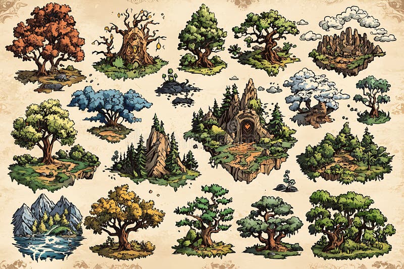 Collection of HandDrawn Fantasy Landscape Elements Trees Mountains and ...