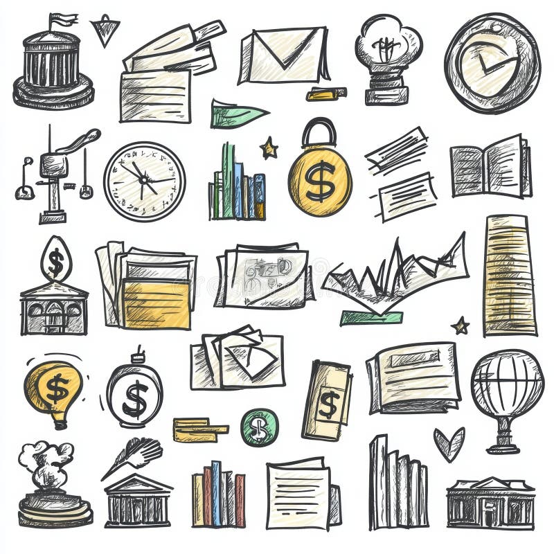 Collection of Hand-drawn Financial and Business Icons Stock ...