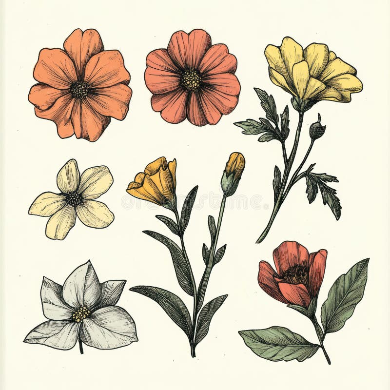 Collection of Hand-drawn Flowers in Various Colors and Styles Stock ...