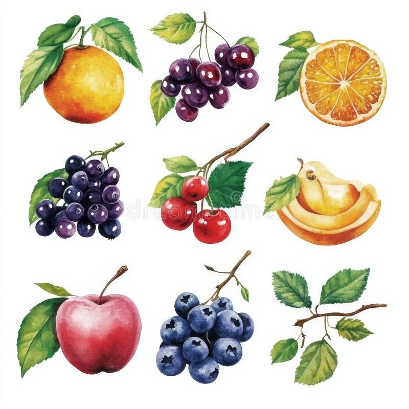 A Collection of Hand-drawn Fruit Stickers with a White Border Design ...