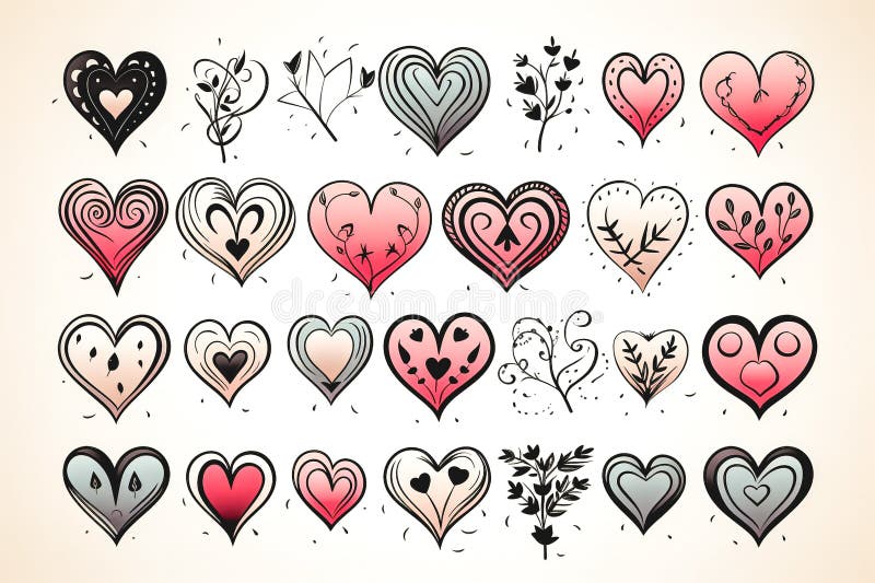 Collection of Hand Drawn Hearts in Flat Style. Stock Photo - Image of ...