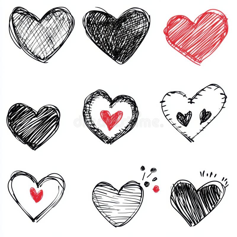 Collection of Hand-drawn Hearts in Various Styles and Colors Stock ...