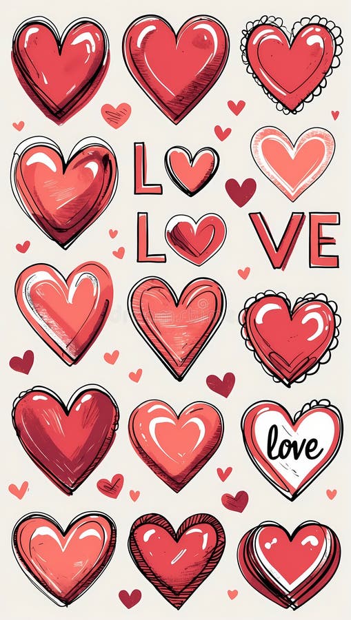 Collection of Hand-drawn Hearts and the Word Love Creates a Pattern ...