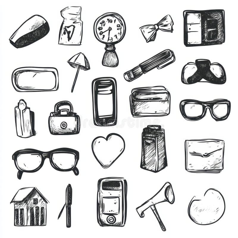 Collection of Hand-drawn Icons Representing Various Everyday Objects ...