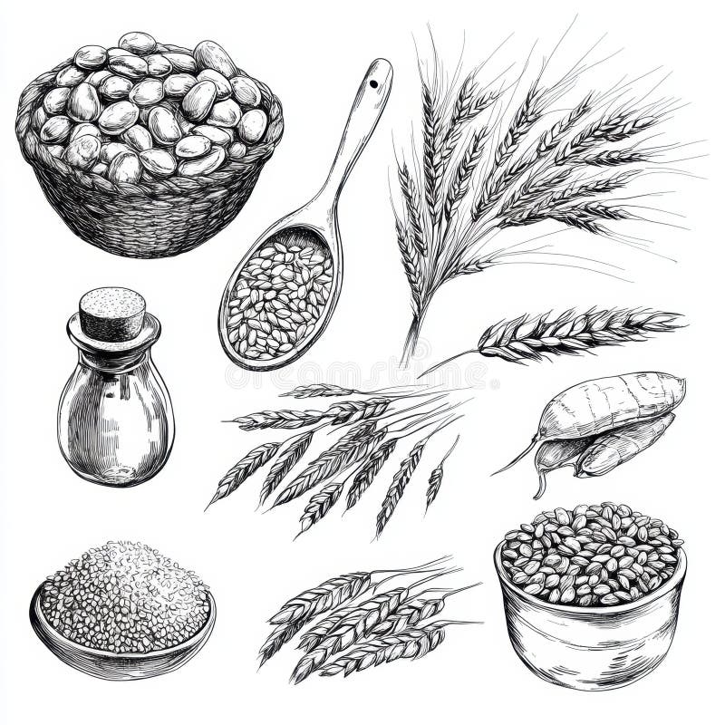 Collection of Hand-drawn Illustrations of Various Grains and Seeds ...