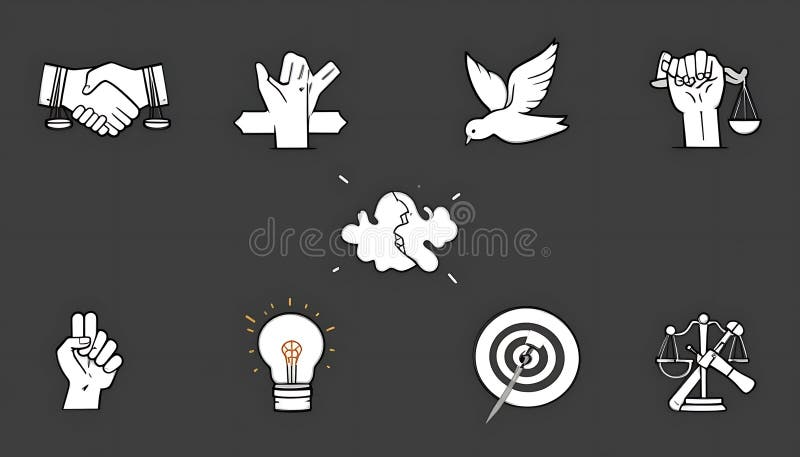 Collection of Hand-Drawn Justice, Peace, and Idea Icons Stock ...