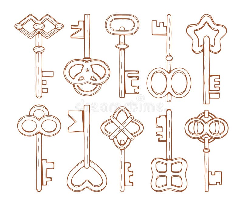 Collection of Hand Drawn Keys. Stock Vector - Illustration of iron ...