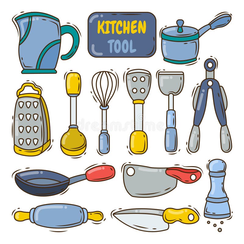 Collection of Hand Drawn Kitchen Tool Cartoon Doodle Style Stock Vector ...