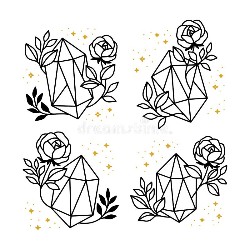 Collection of Hand Drawn Magical Elements with Crystal, Flower, Stars ...
