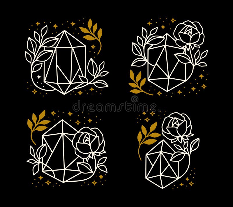 Collection of Hand Drawn Magical Elements with Crystal, Flower, Stars ...